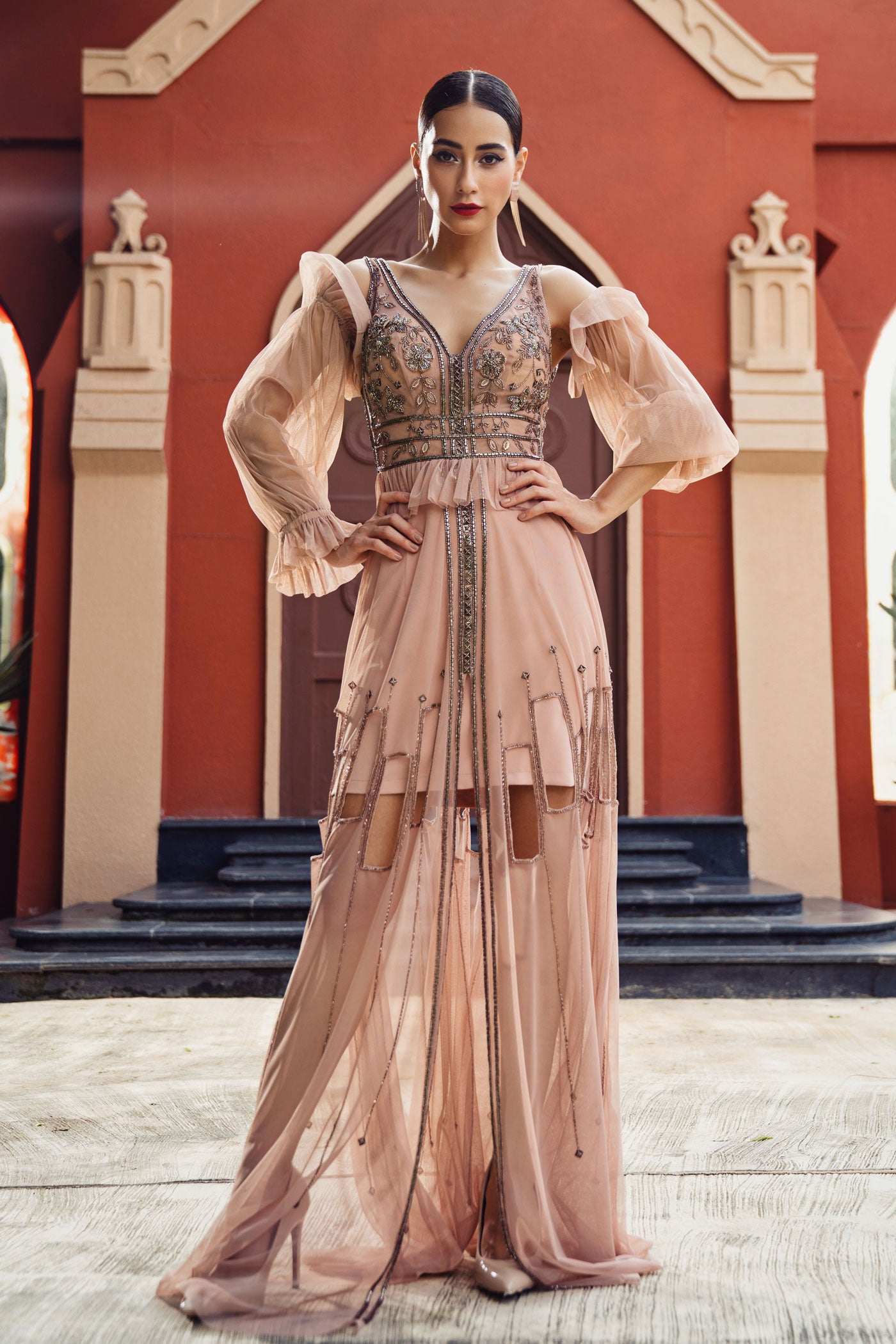 Roni 3D flower Cutout Embroided Evening Gown