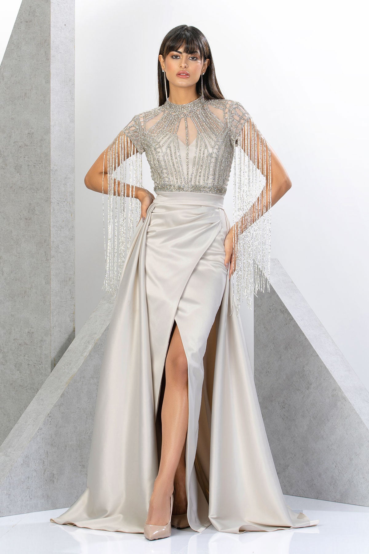 Kate Princess Fringe Satin Evening Gown