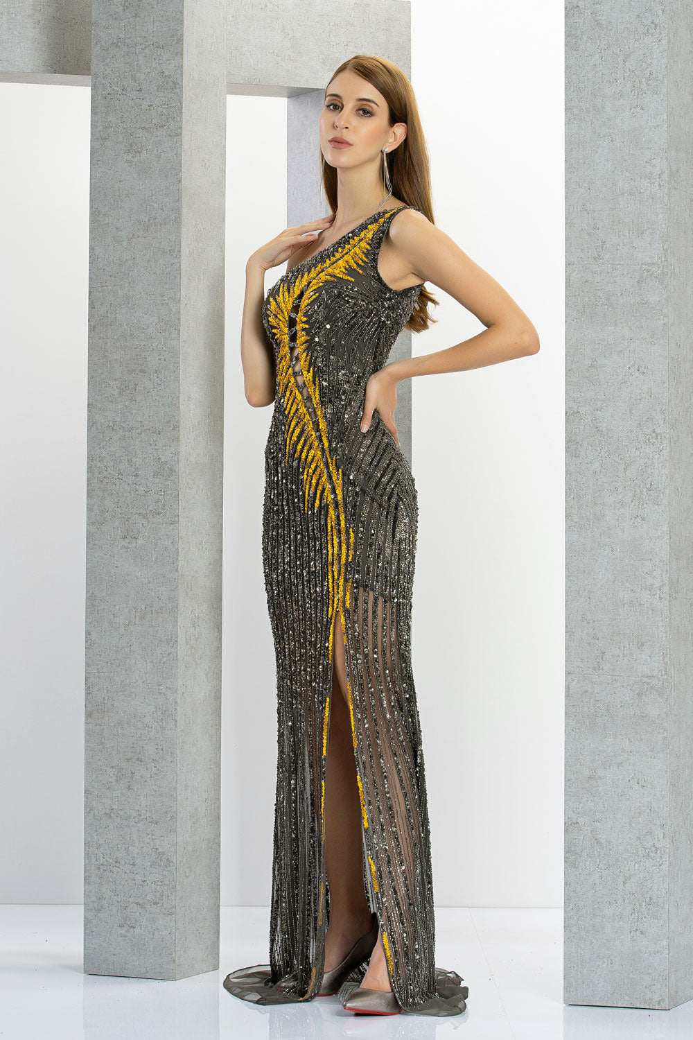 Hellena One-Shoulder Fully Embroidered Evening Gown