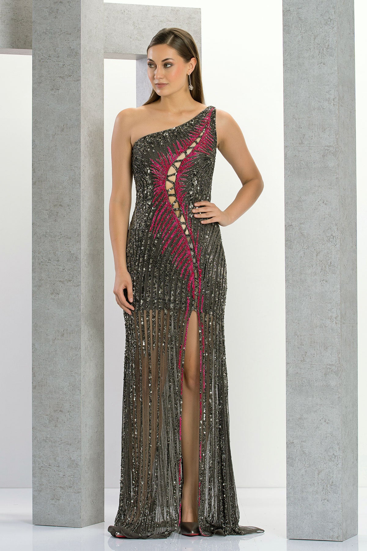 Hellena One-Shoulder Fully Embroidered Evening Gown